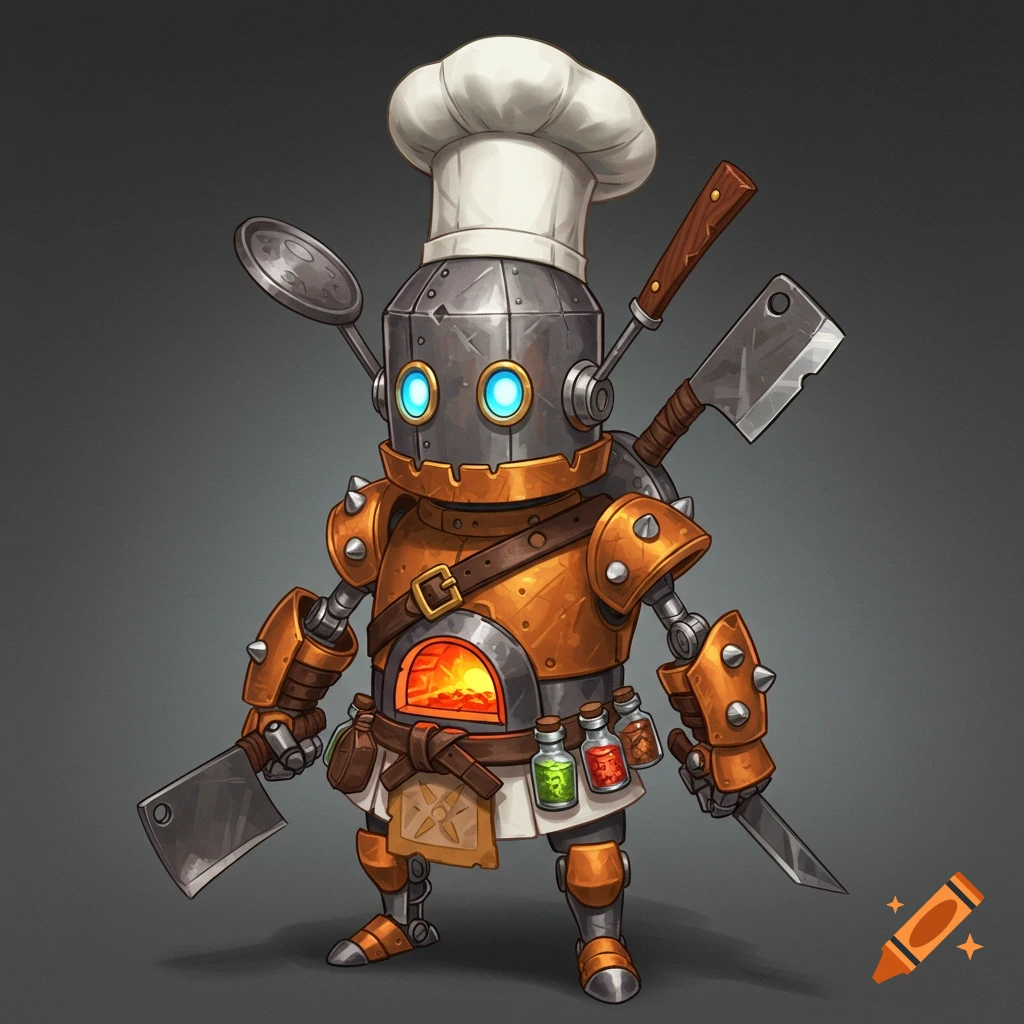 A detailed fantasy-style robot chef wearing a chef's hat and apron ...