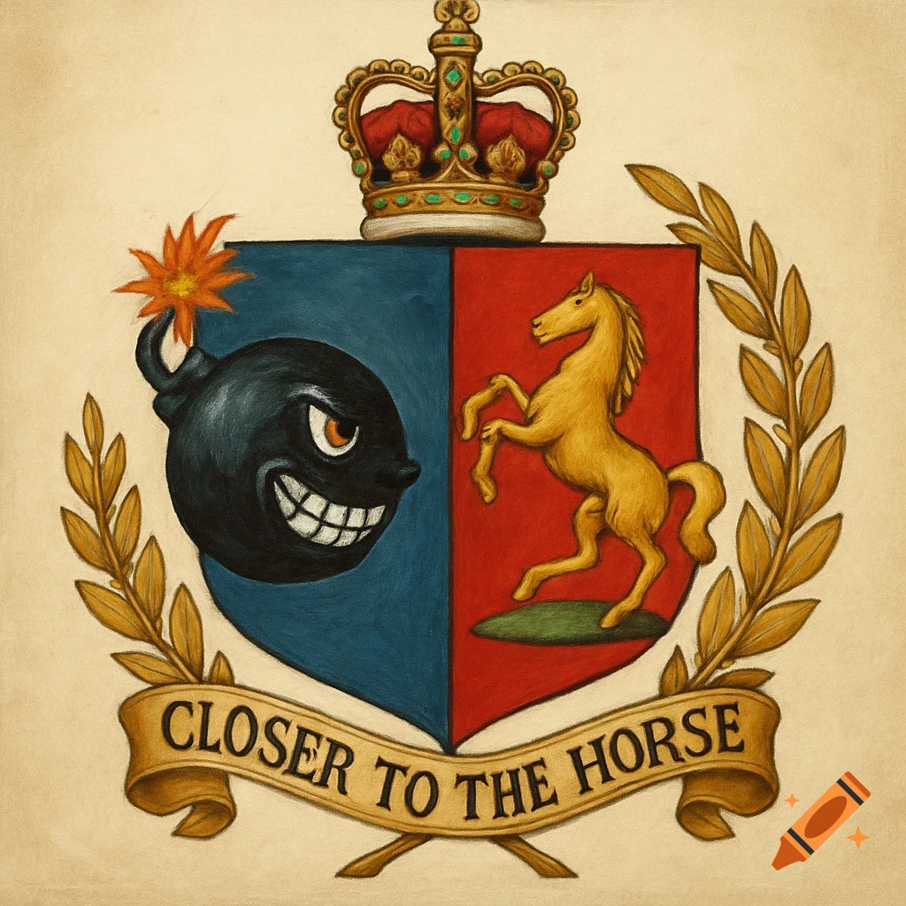 An illustrated crest featuring a bomb and a horse on a split shield ...