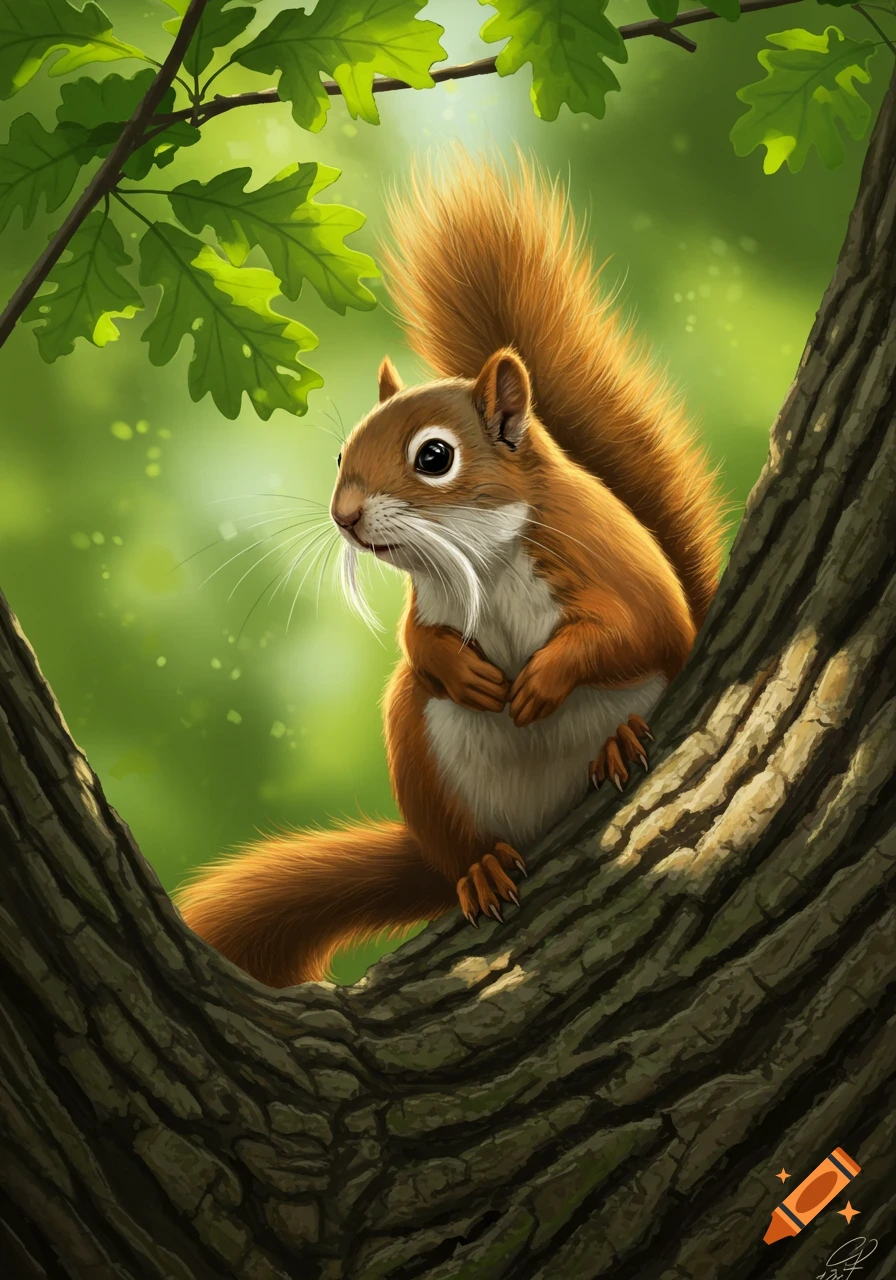 A detailed cartoon illustration shows a red squirrel with a white beard ...