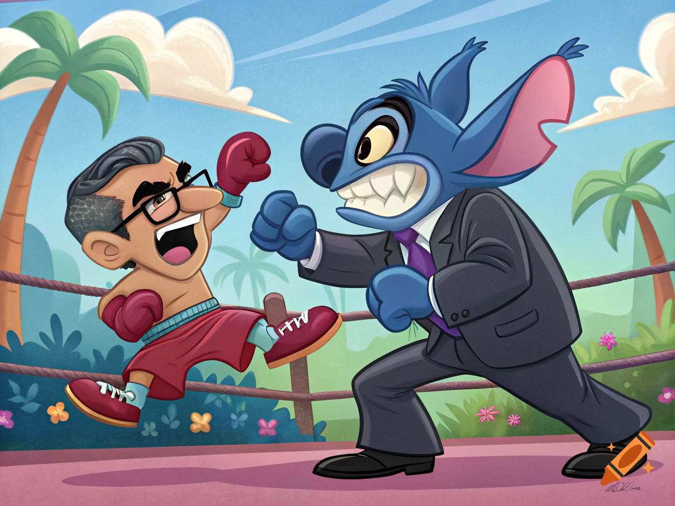 Cartoon illustration of Stitch in a suit boxing a caricature of Eugene ...