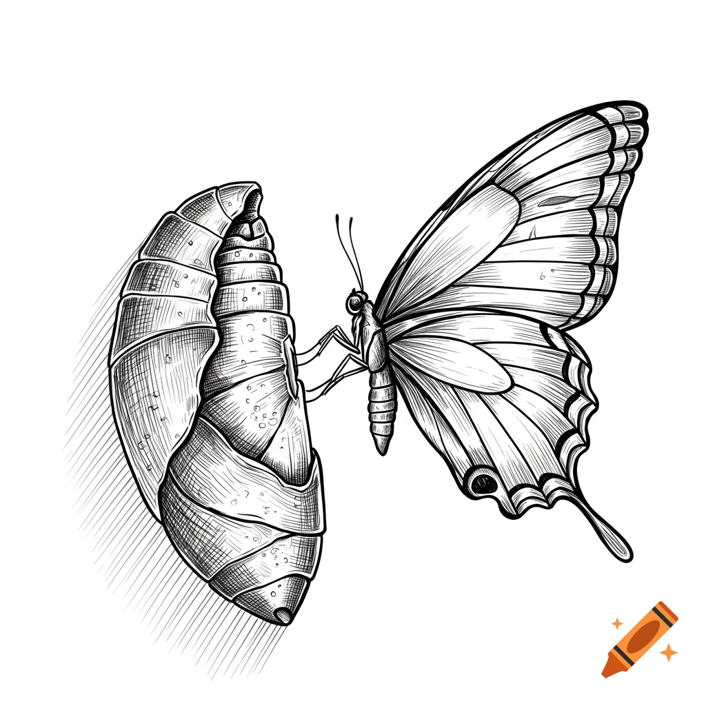 Line art drawing of a butterfly emerging from a chrysalis. on Craiyon