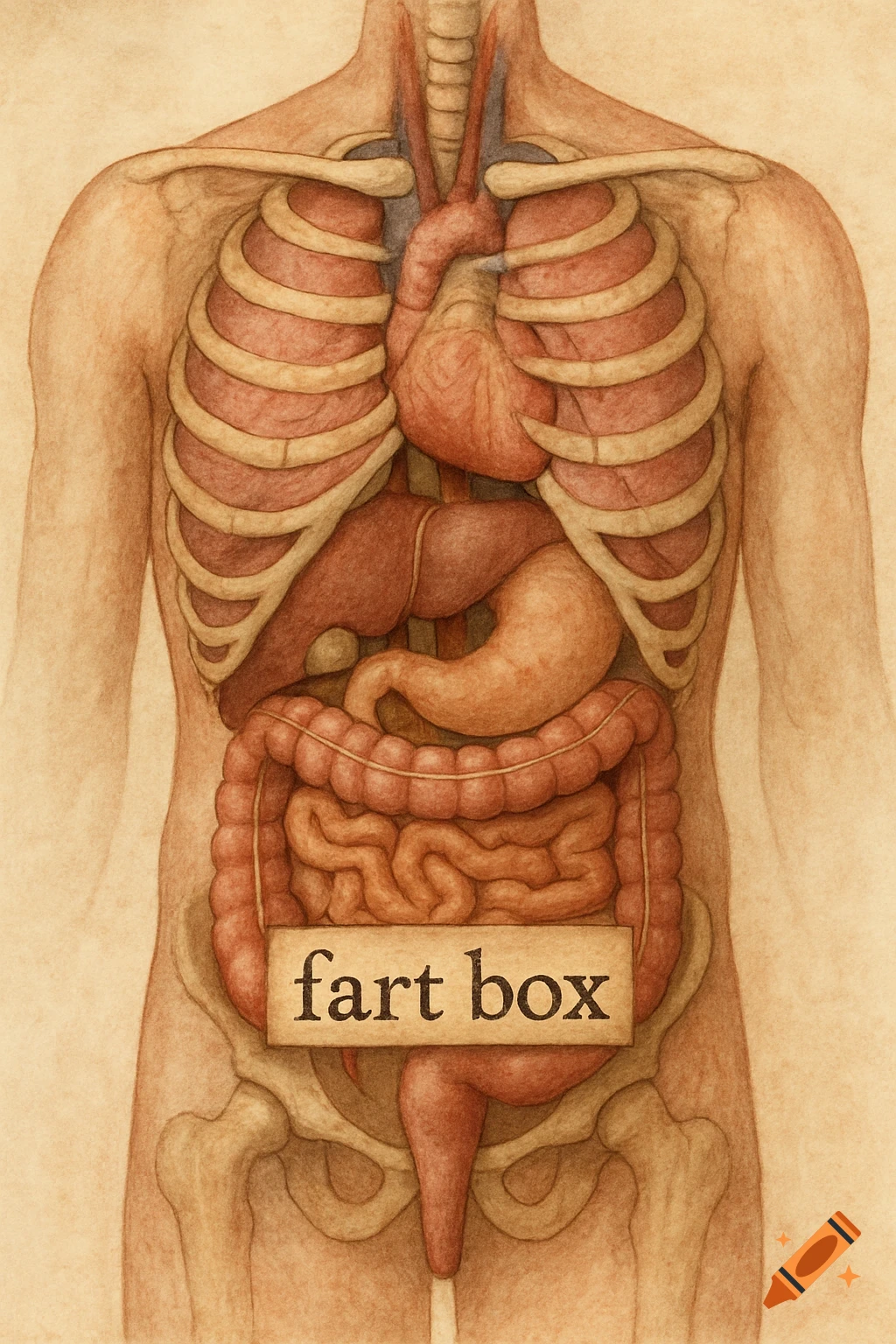 An illustration of human anatomy with a sign labeled 'fart box' placed ...