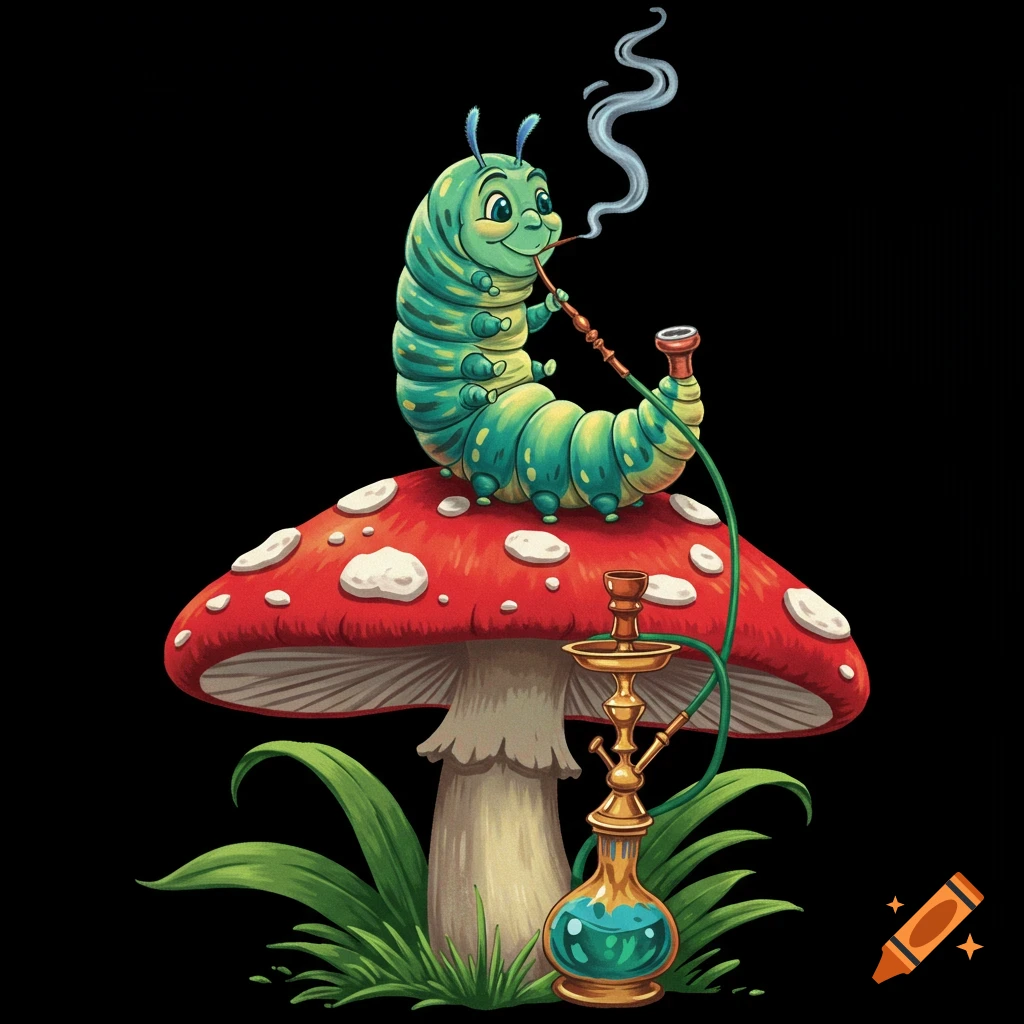 Cartoon caterpillar from Alice in Wonderland smoking a hookah on a ...