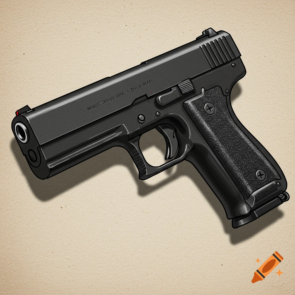 A black handgun with a textured grip lies on a beige surface on Craiyon