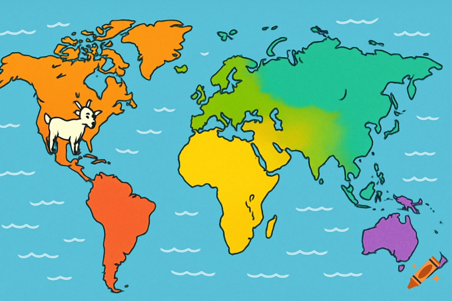 Colorful cartoony world map with a white goat on North America. on Craiyon