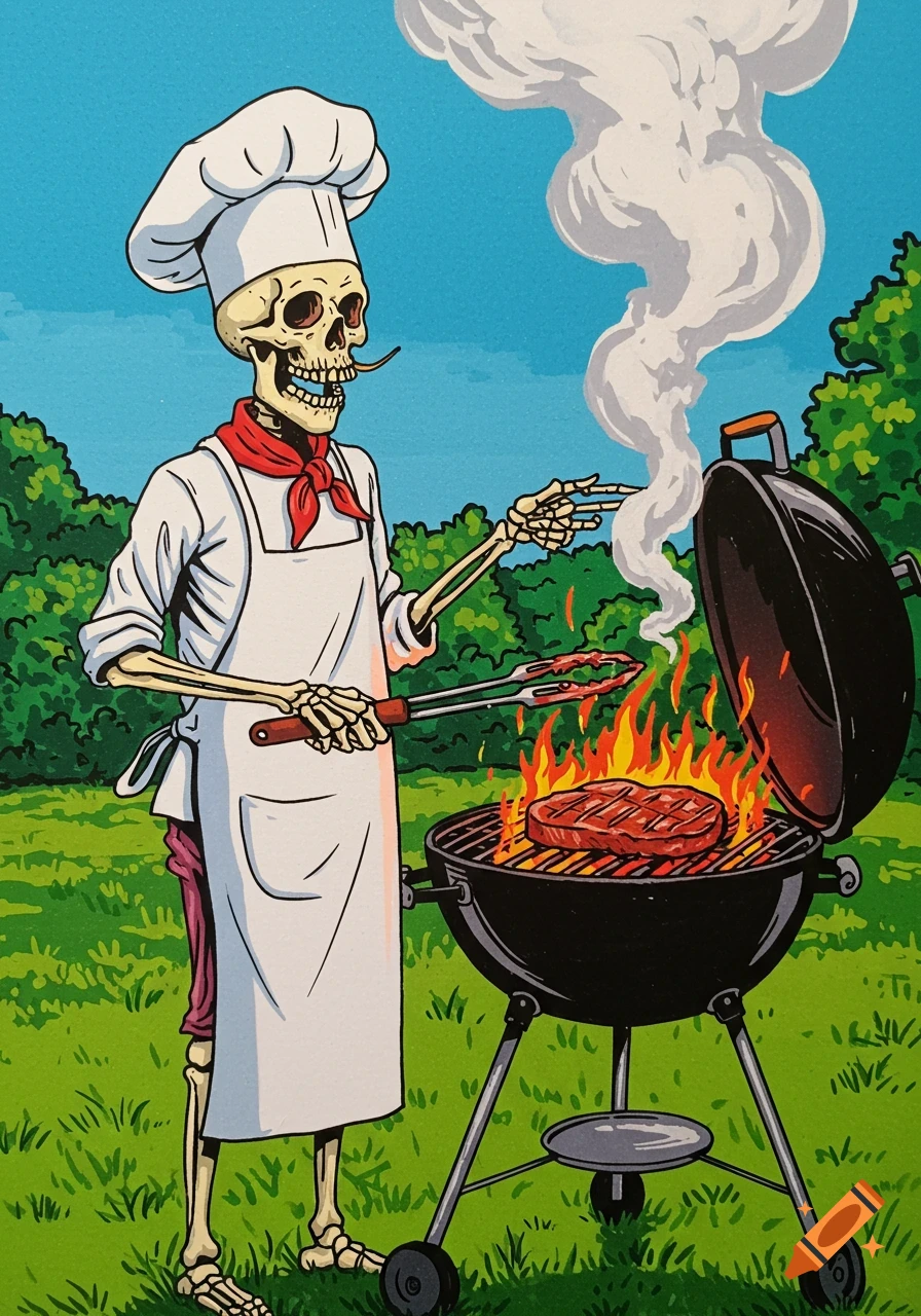 Cartoon skeleton chef grilling a steak outdoors. on Craiyon
