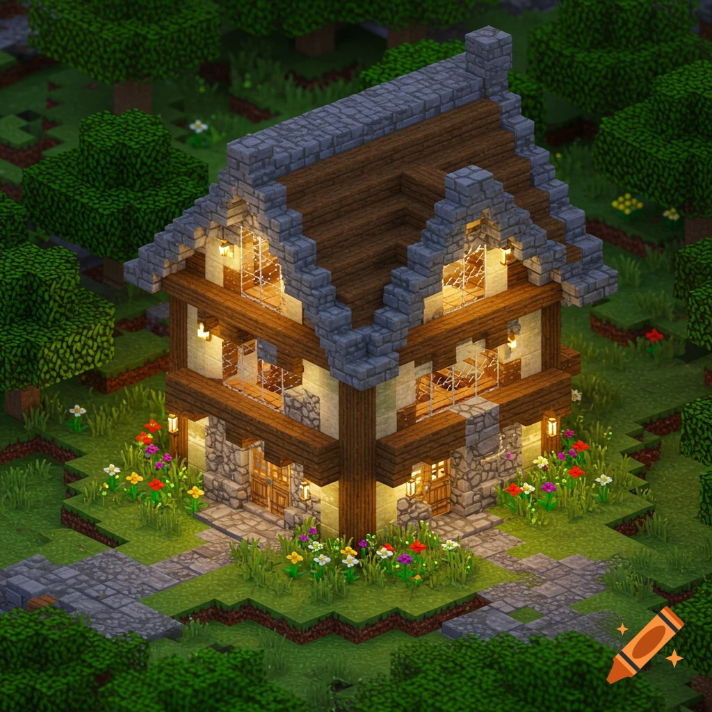 Isometric view of a well-lit minecraft house in a forest clearing ...