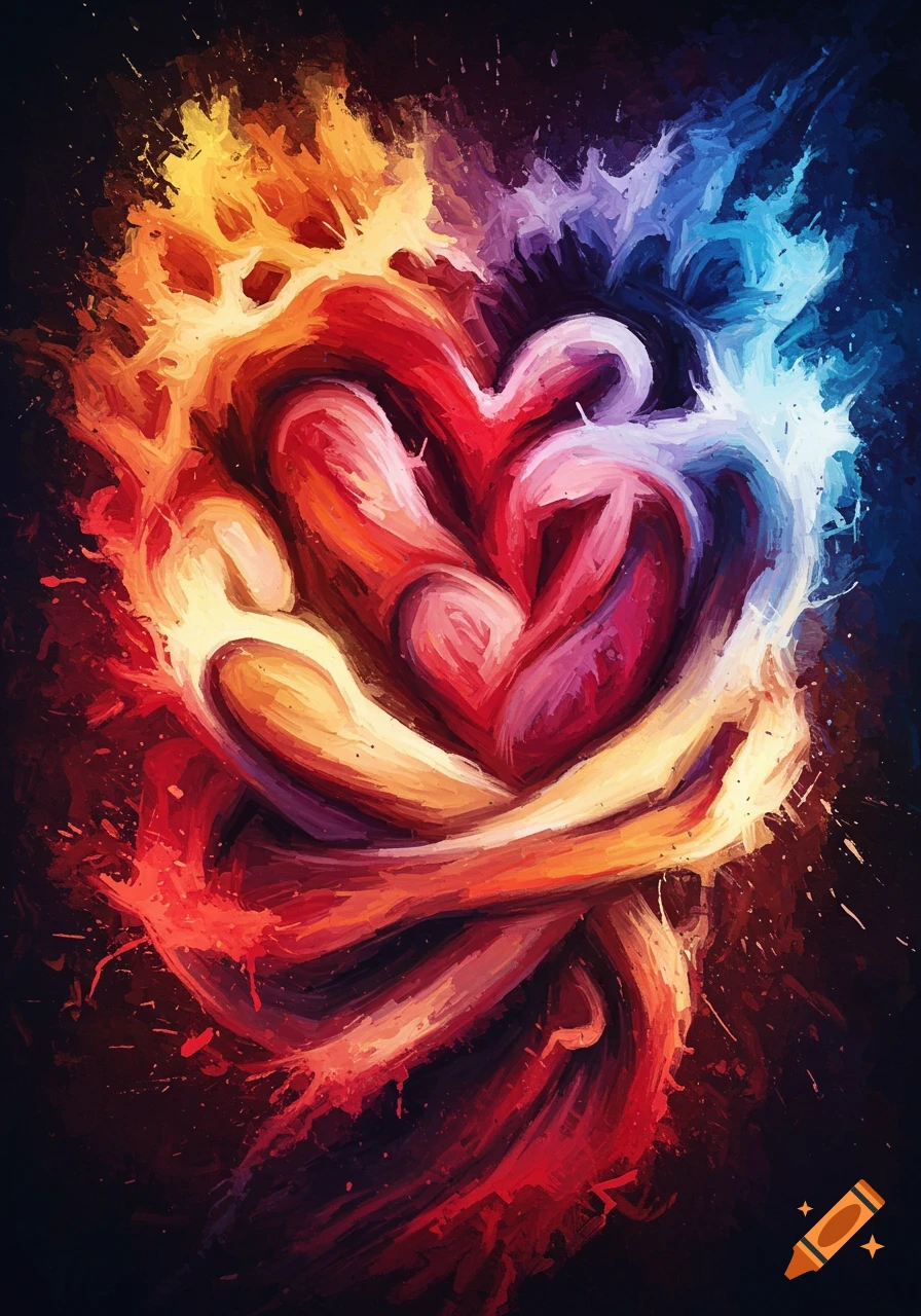 Abstract painting of two figures embracing, forming a heart, split ...