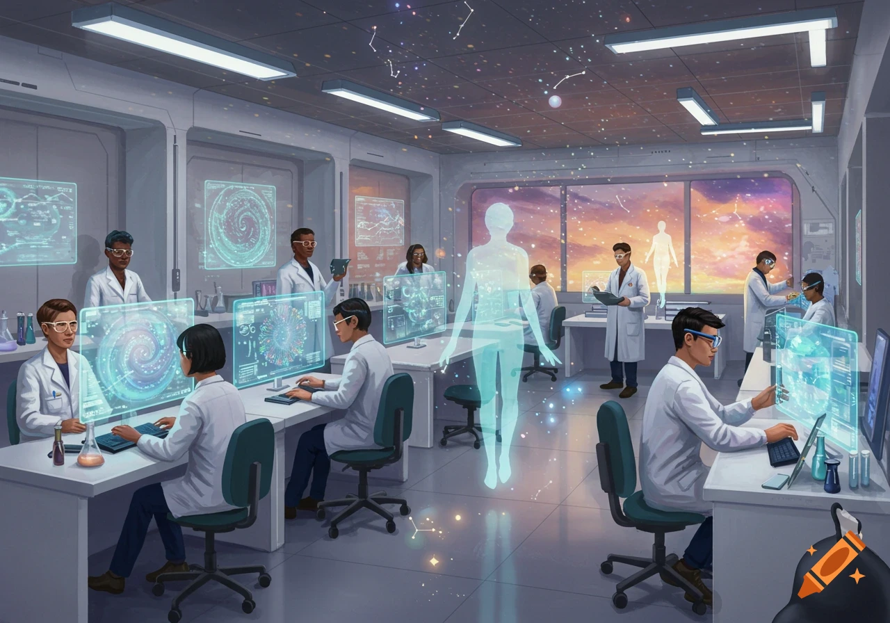 Scientists work in a futuristic lab with transparent screens and ...