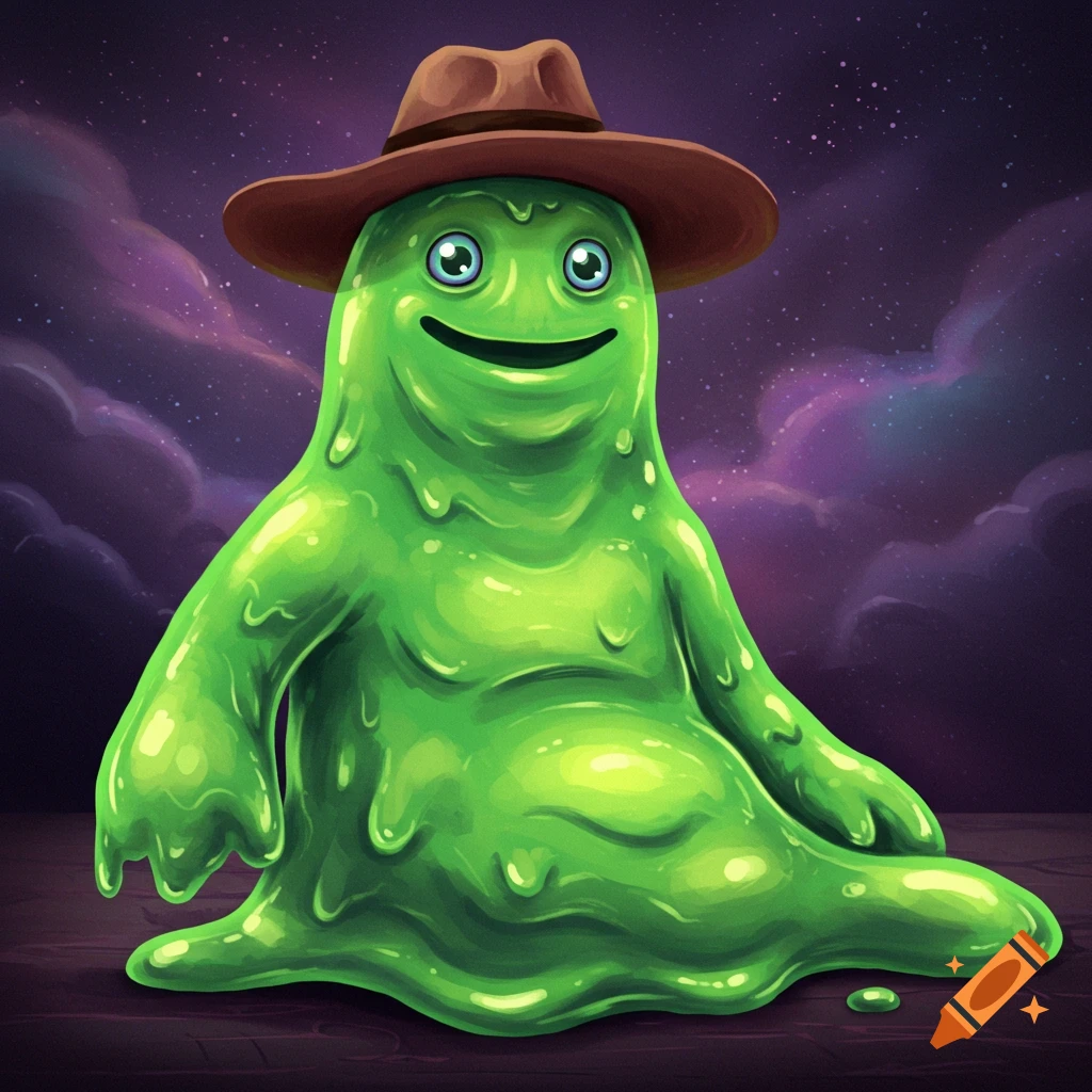 A green slime creature wearing a cowboy hat against a space background ...