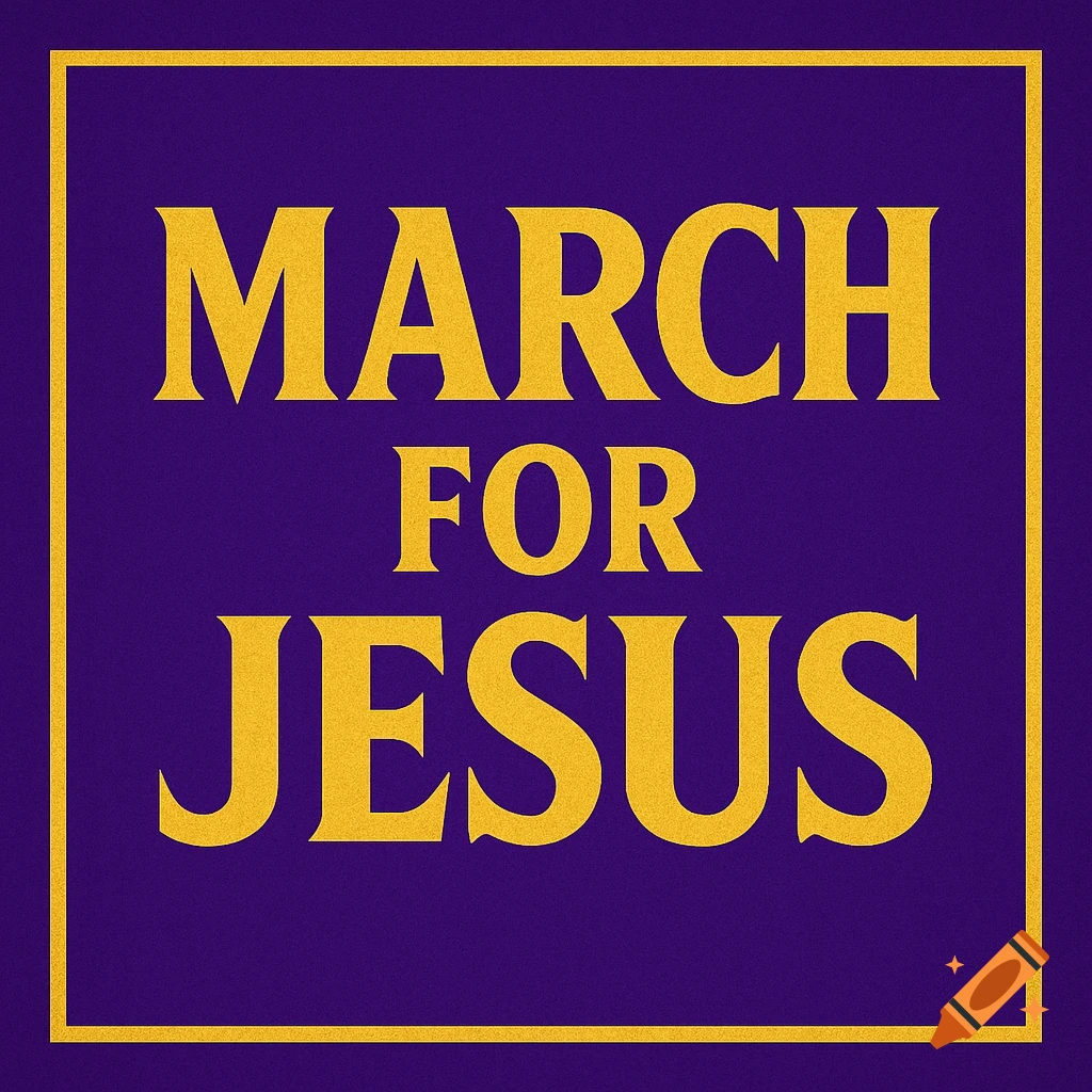 Purple and gold banner with "MARCH FOR JESUS" text on Craiyon