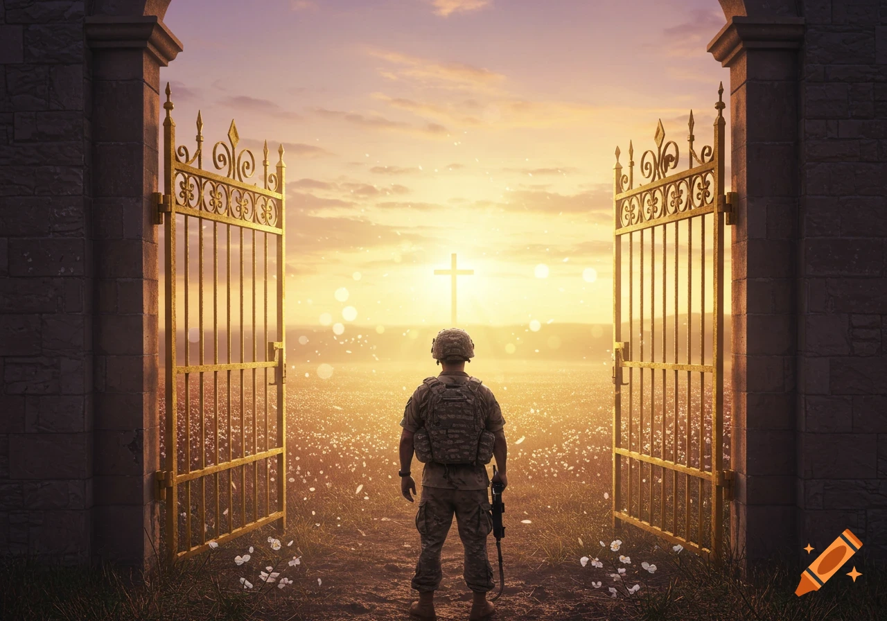 Soldier stands at golden gates looking towards a cross in a luminous ...