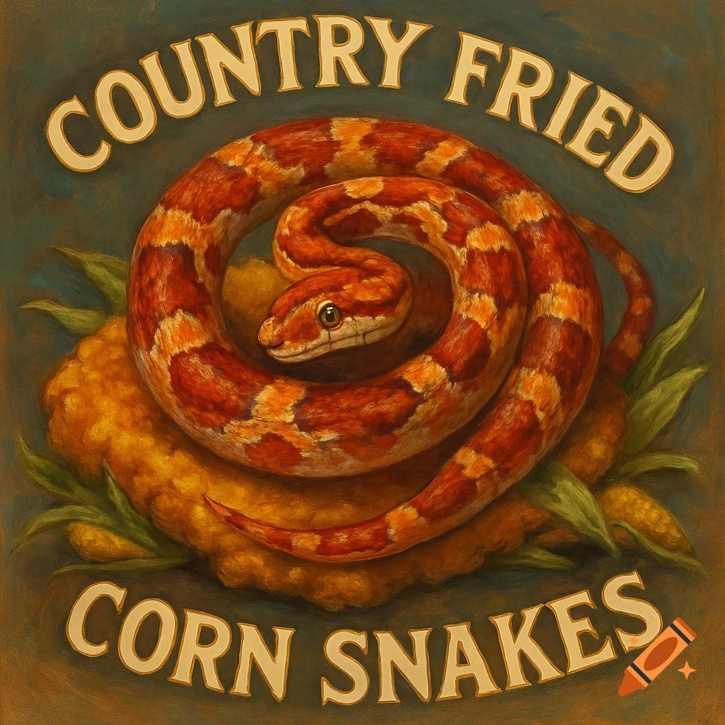 Logo featuring a corn snake coiled on fried food with 'Country Fried ...