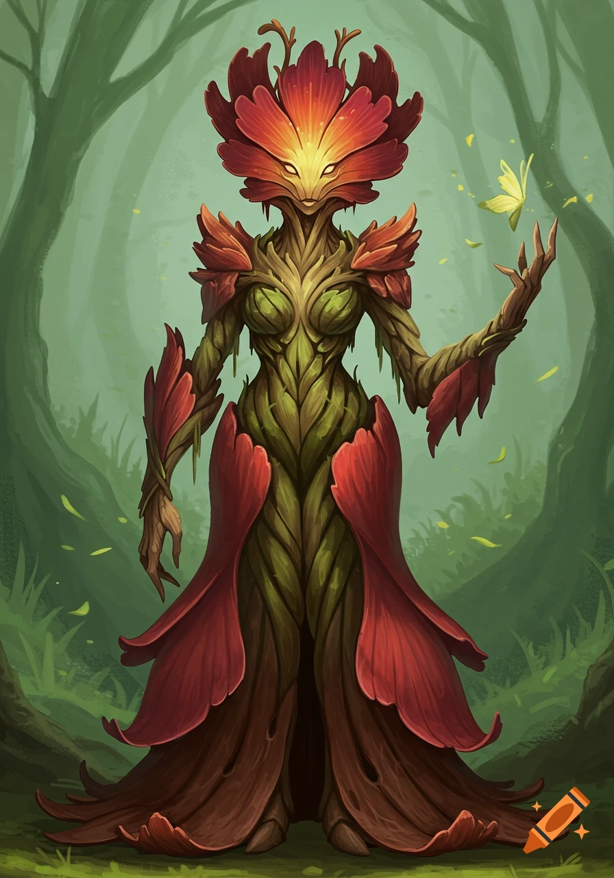 Illustrative fantasy portrait of a plant creature in a forest. on Craiyon