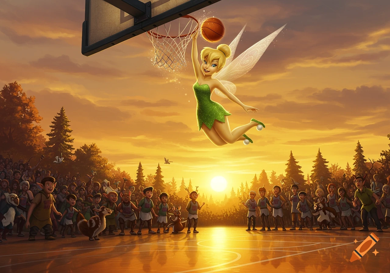 Cartoon illustration of Tinkerbell dunking a basketball during sunset ...