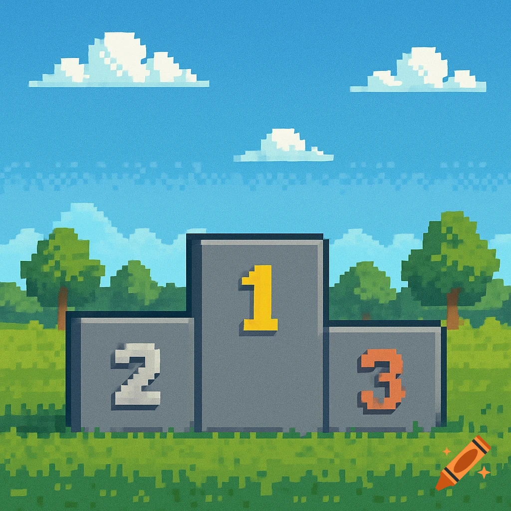 2D pixel art of a winners' podium with numbers 1, 2, 3 in a grassy ...