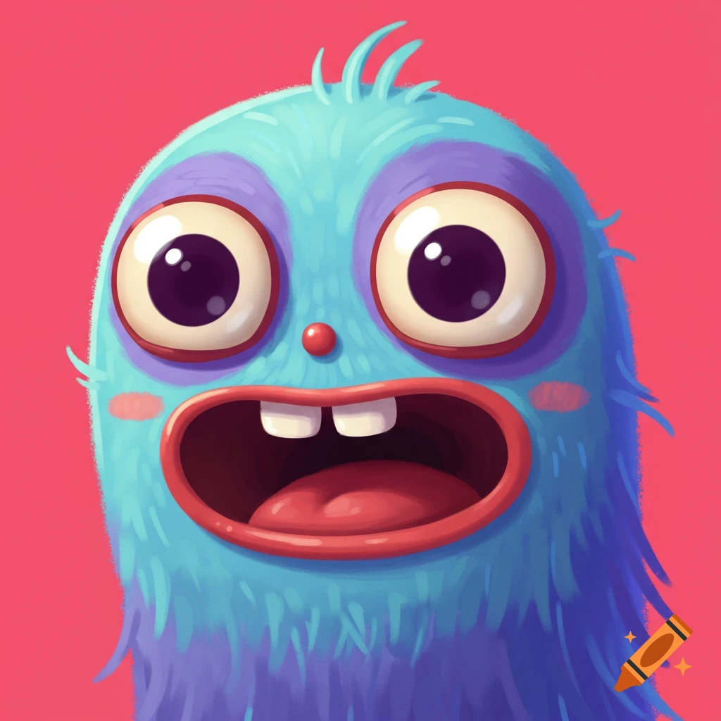 A close-up illustration of a cute, bright blue furry monster with purple patches around large ...
