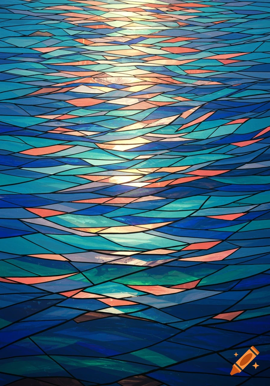 Abstract ocean in stained glass style with sunlight reflection. on Craiyon