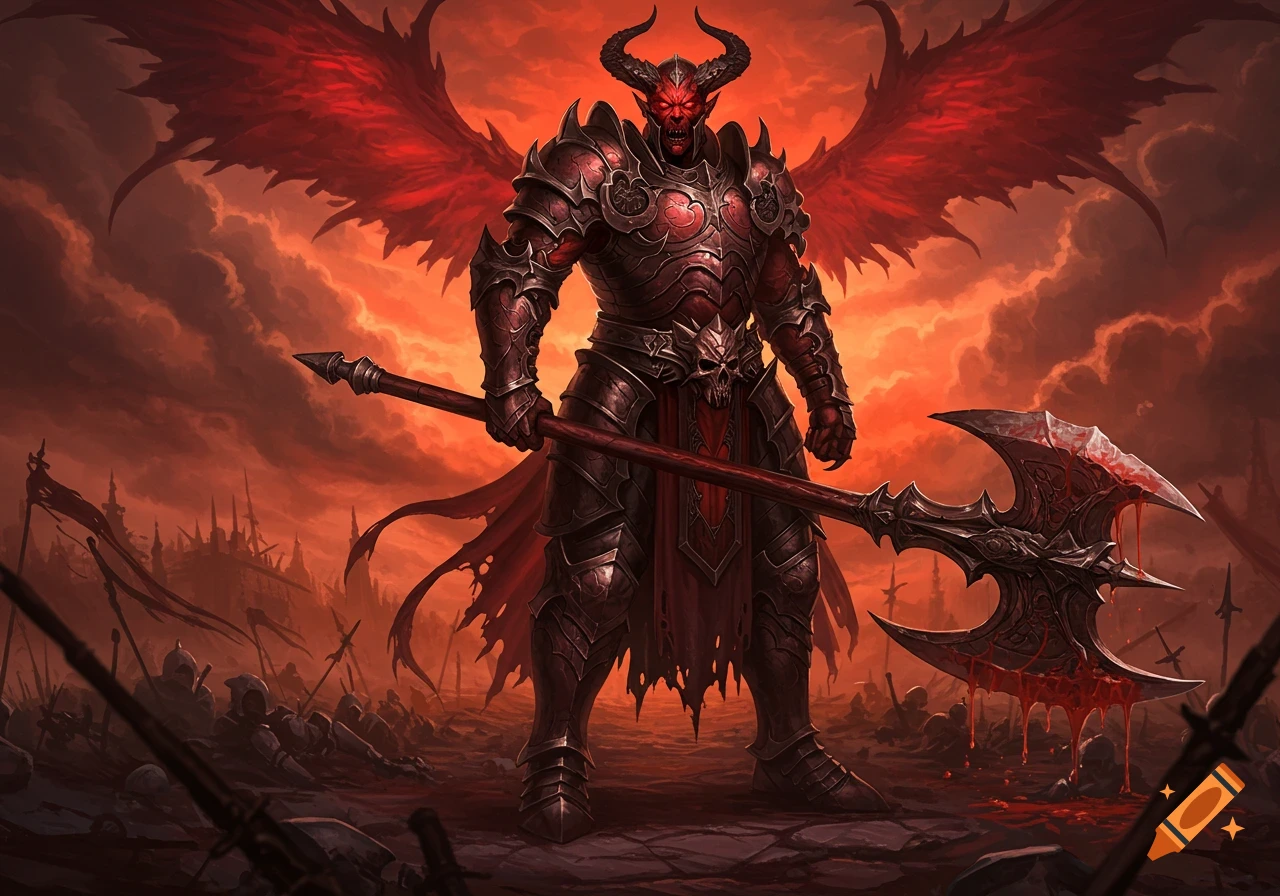 A fearsome demon in dark armor with red wings holds a bloody axe on a ...