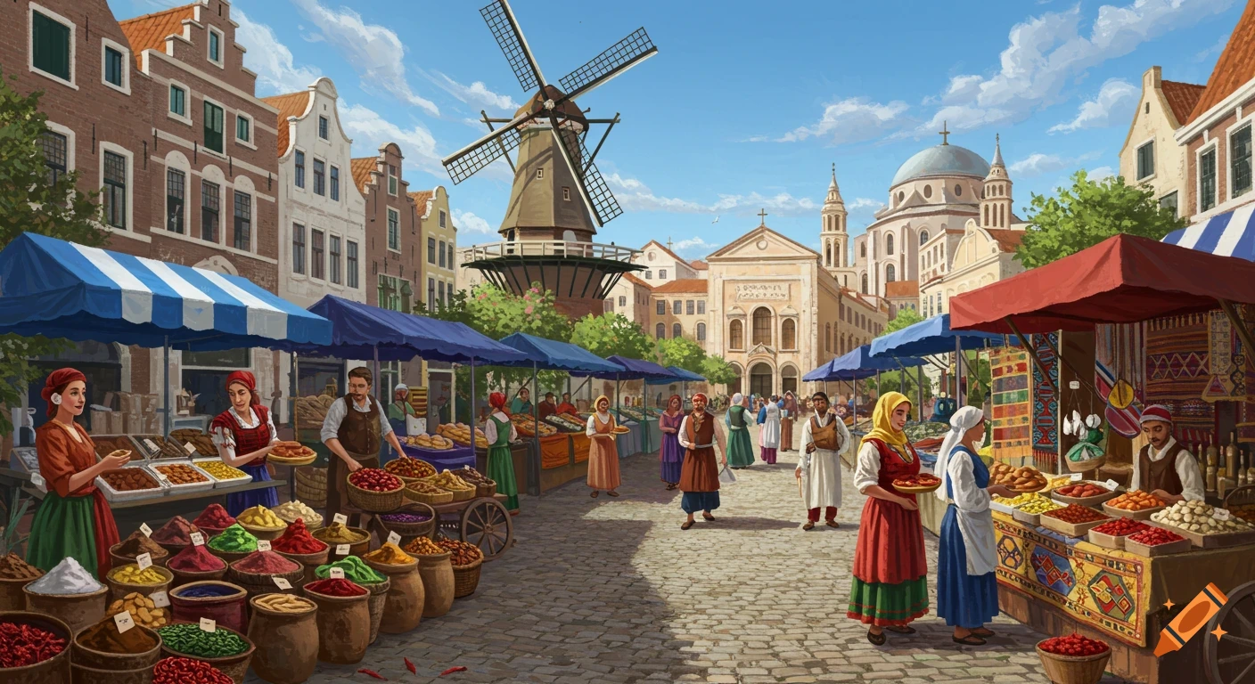 A busy marketplace in a historical European town square with vendors ...