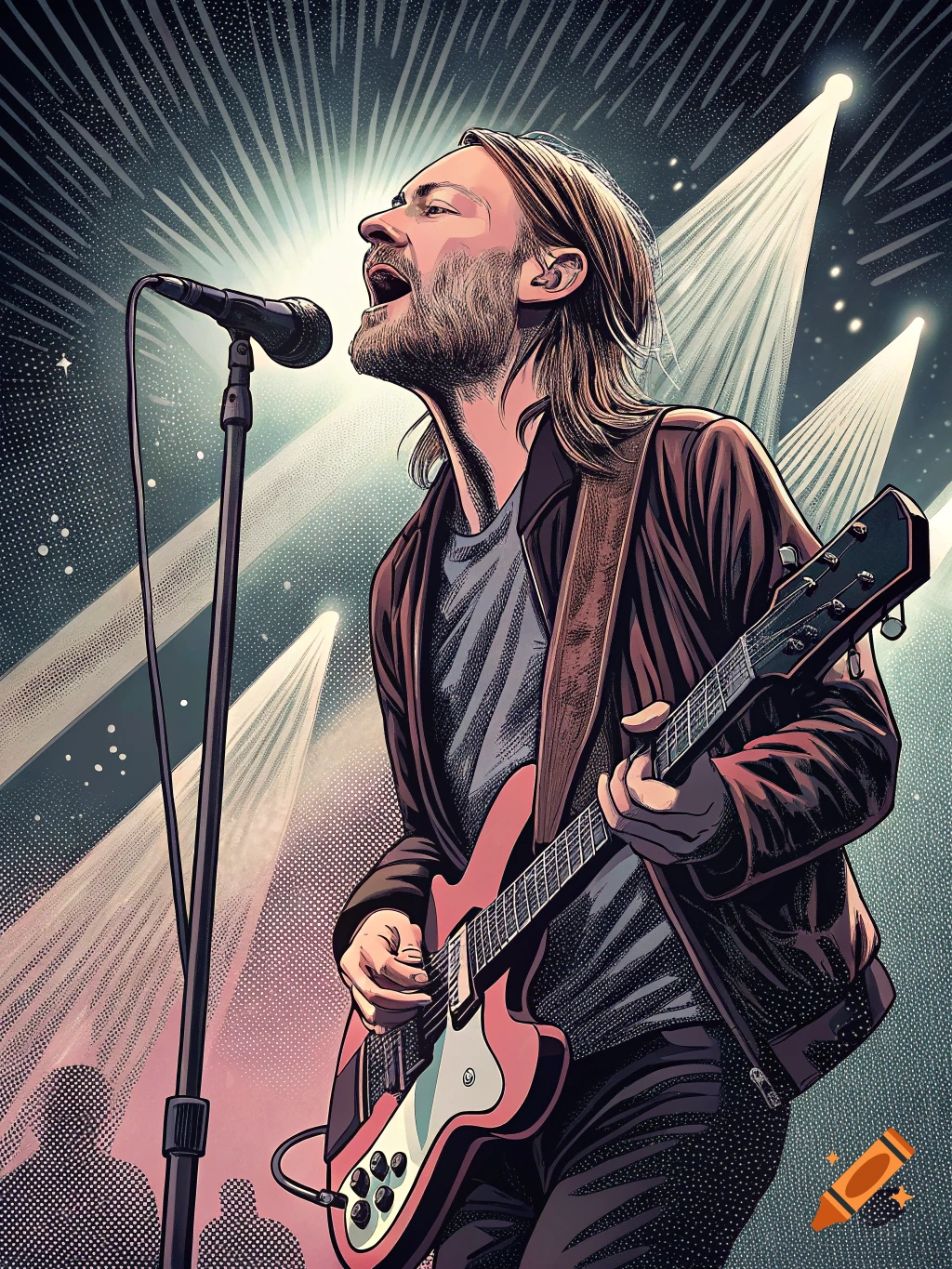 Comic book illustration of a male singer playing guitar on stage with ...