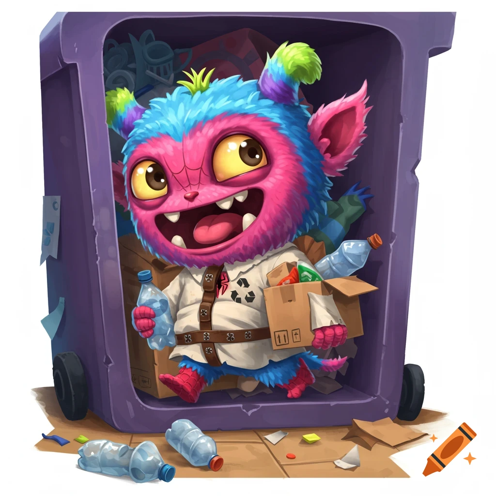 Cartoon monster sits in a trash bin while carrying recycling. on Craiyon