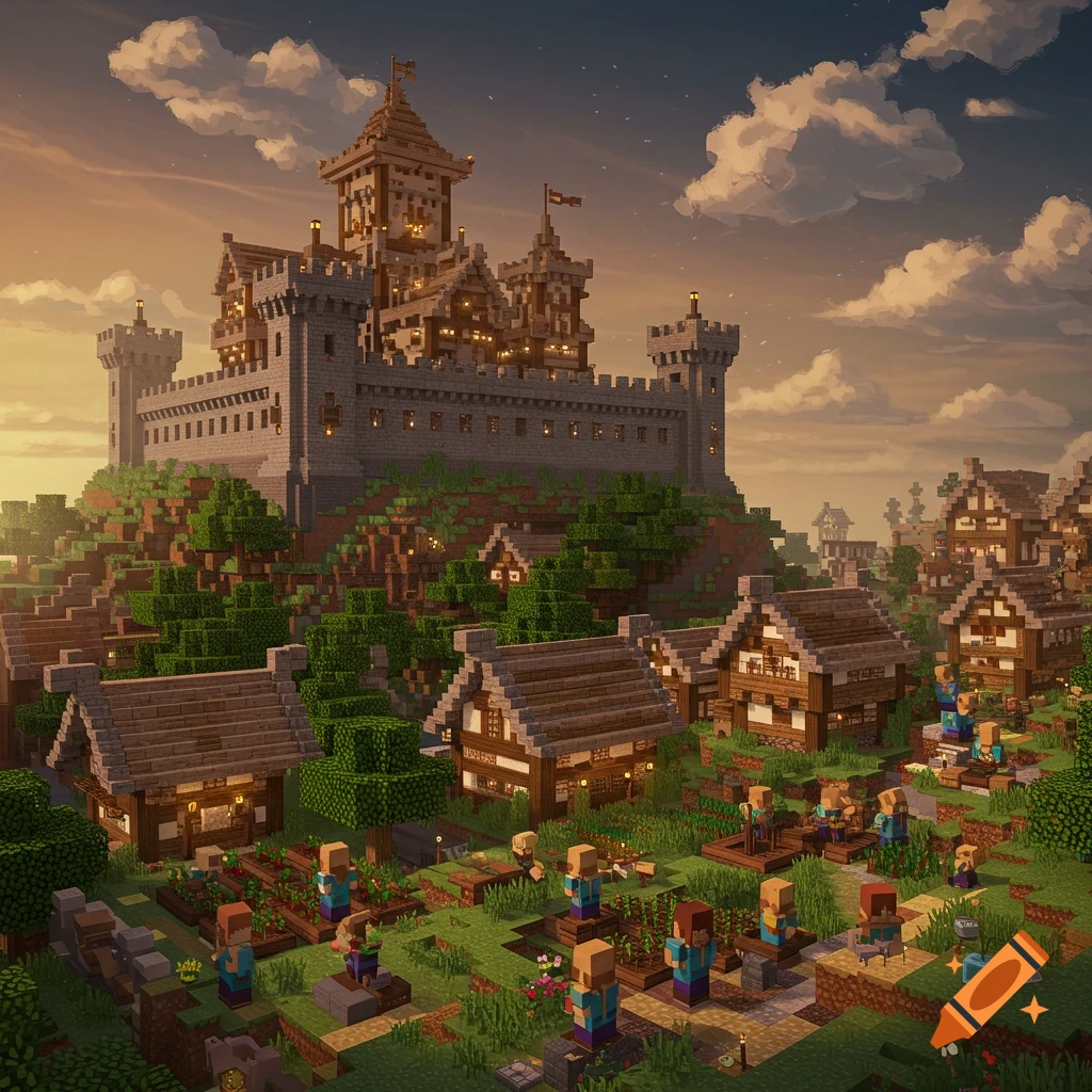 Minecraft scene of a medieval castle on a hill overlooking a village ...