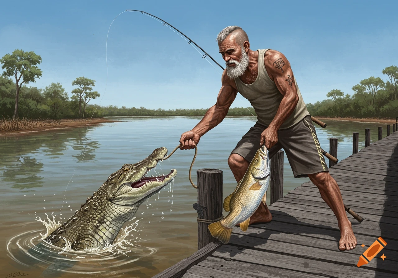 An older man on a pier fishes while a crocodile lunges for the fish ...