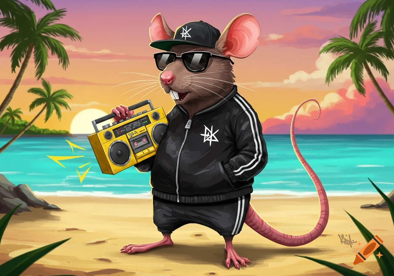 A cartoon rat in a tracksuit, sunglasses, and cap holds a boombox on a ...