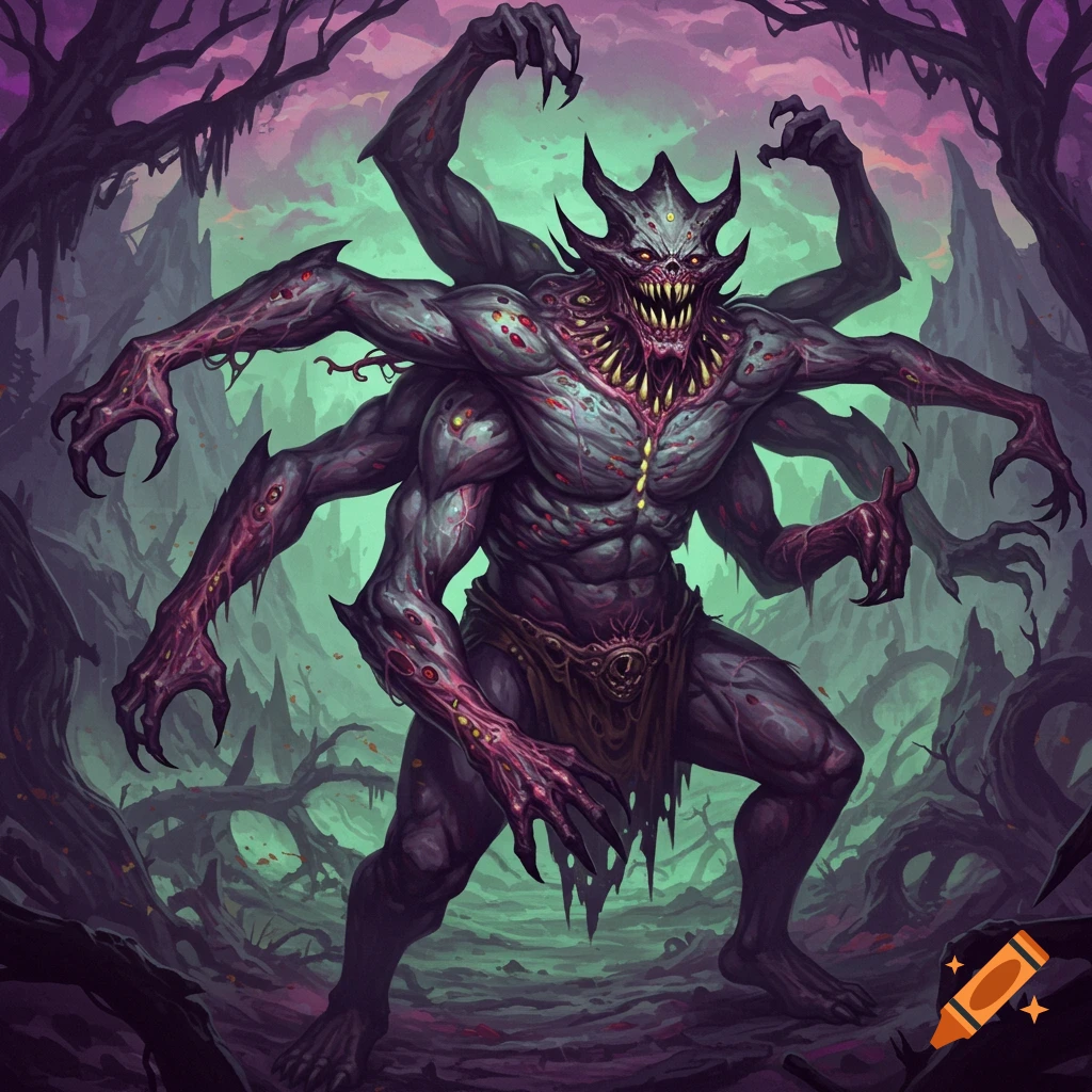 A terrifying multi-limbed monster with sharp teeth and claws stands in a dark, twisted ...