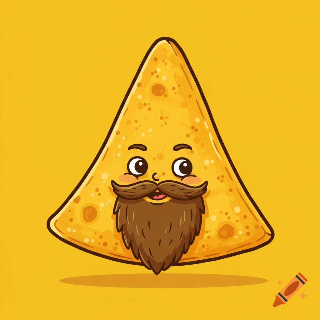 A cartoon tortilla chip with a face, mustache, and beard. on Craiyon