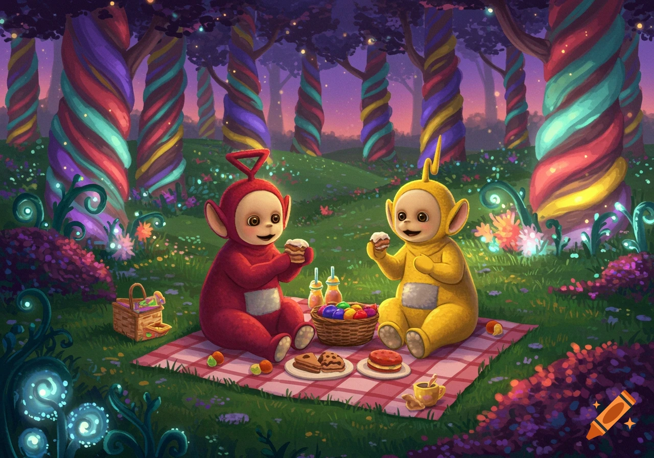 Red and yellow Teletubbies picnic in a vibrant fantasy forest with colorful trees. on Craiyon