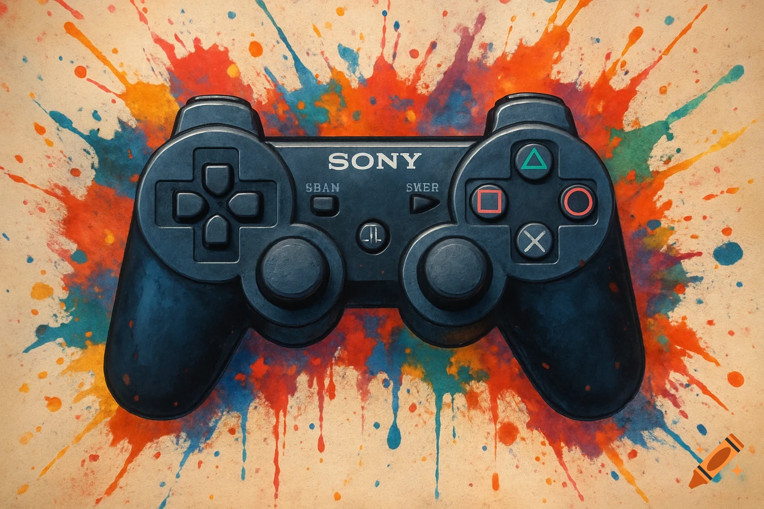 A PlayStation controller on a paint splatter background, in a ...