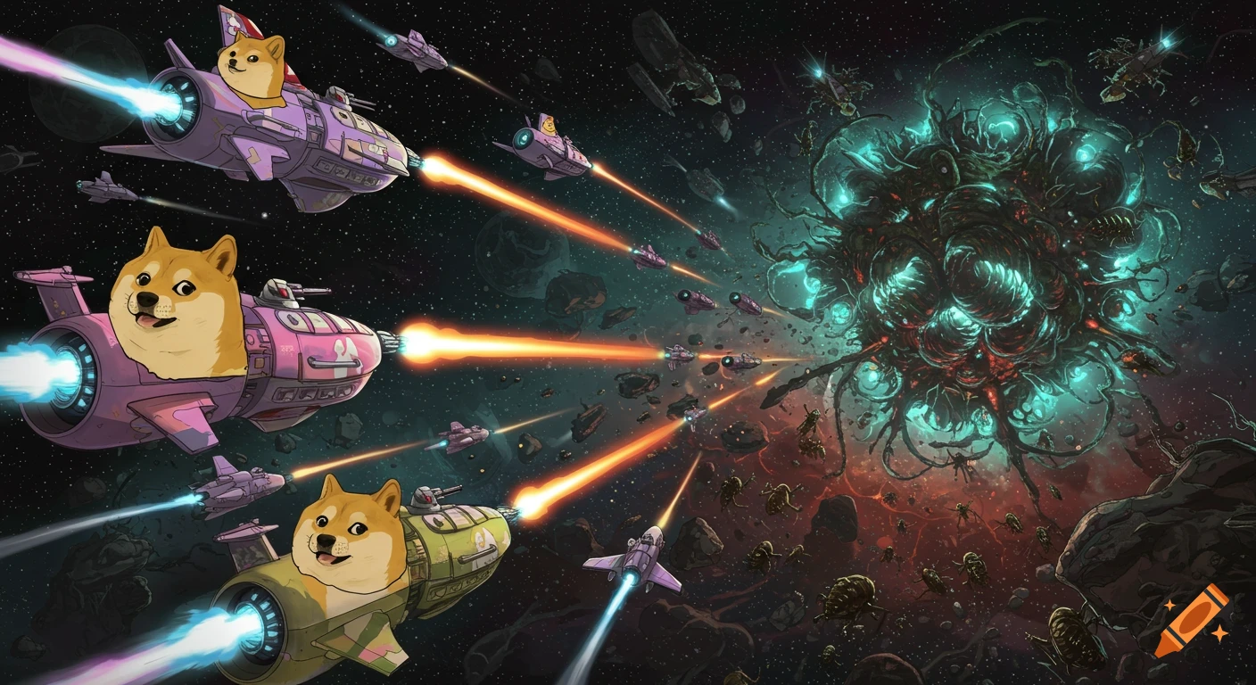 Doge-faced characters in spaceships battle a monstrous alien creature ...