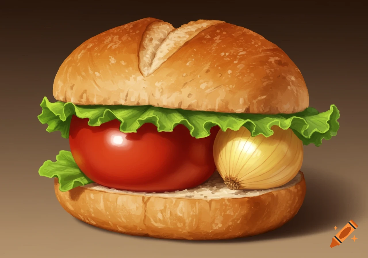 Stylized illustration of a sandwich made with a whole tomato, a whole ...