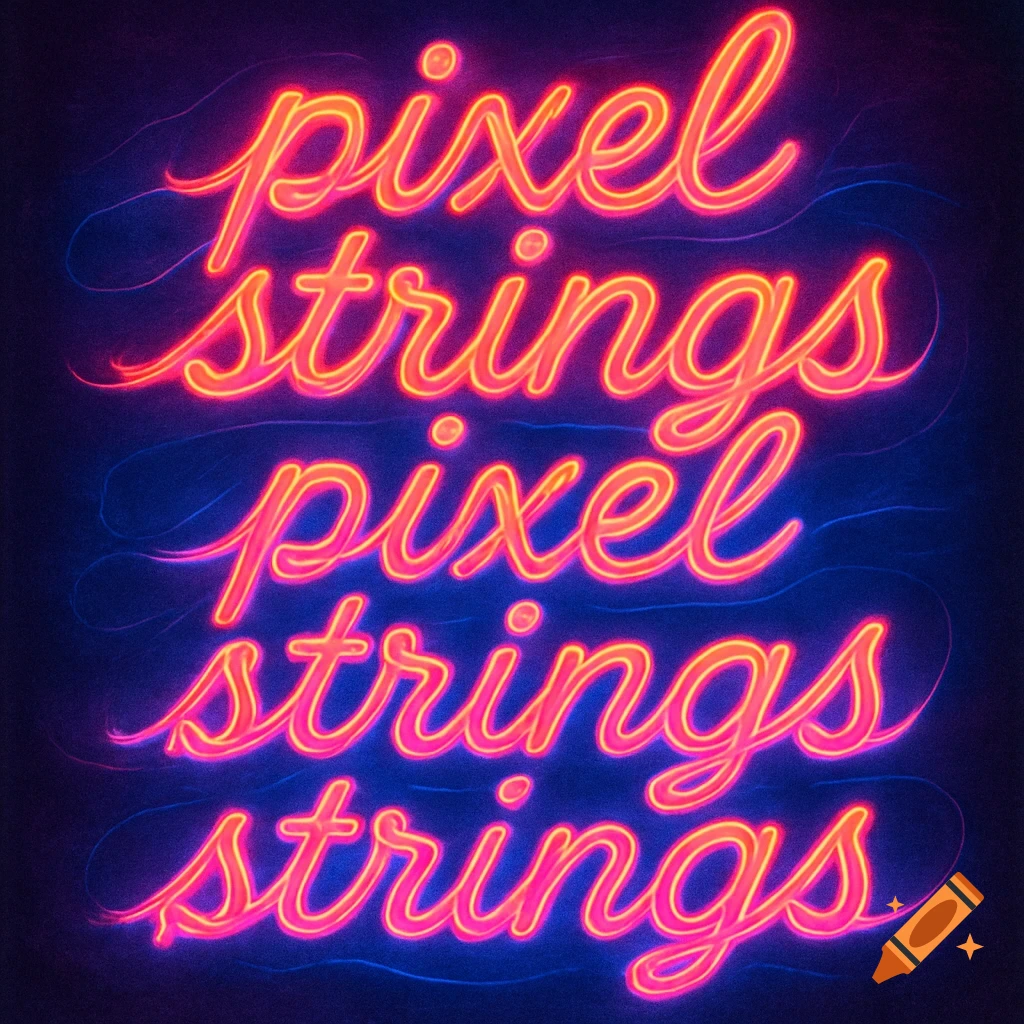 Repeating neon text reading 'pixel strings' in a retro style. on Craiyon