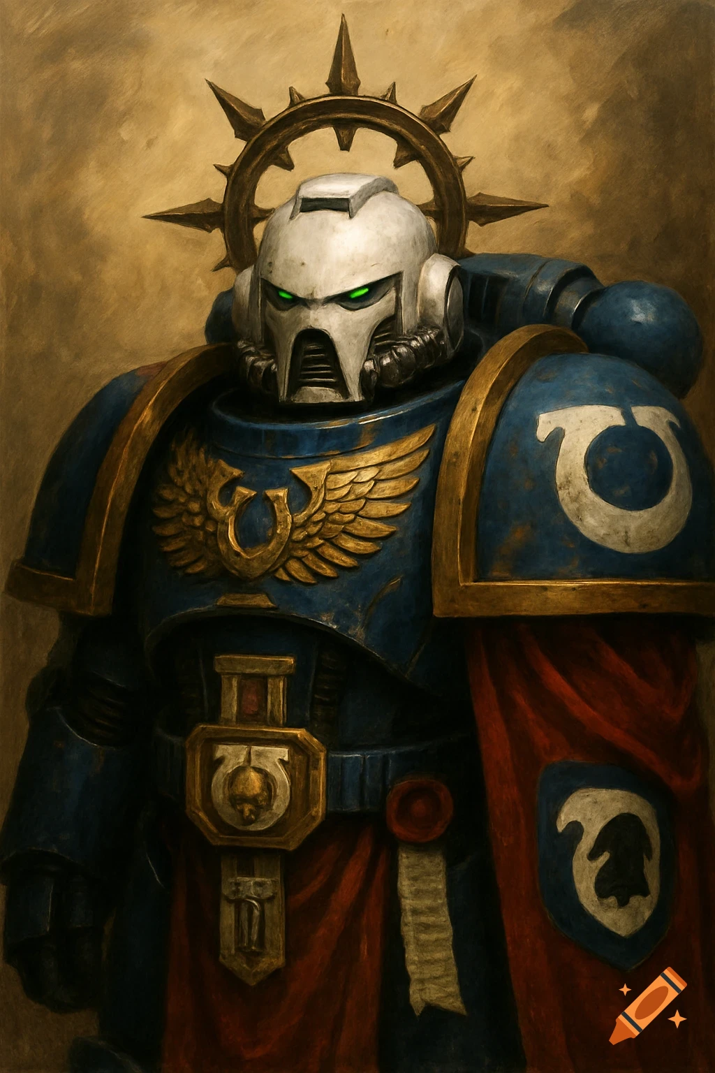 A close-up painting of an Ultramarine Space Marine in blue and gold ...