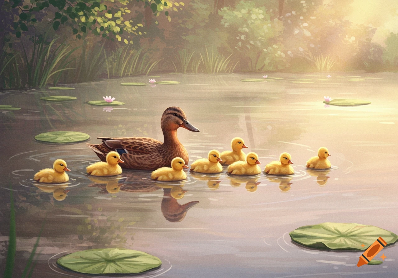 Mother duck and eight ducklings swimming in a sunny pond with lily pads. on Craiyon