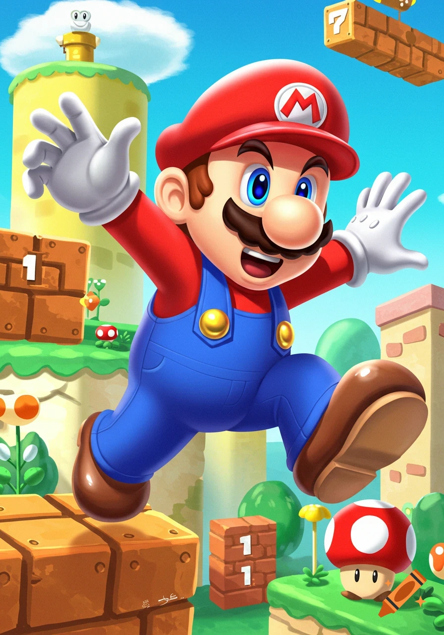 Cartoon illustration of Mario jumping in a Super Mario Bros. level with ...