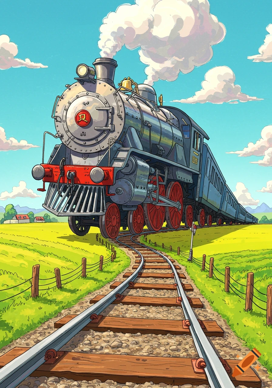 Cartoon illustration of a large train on a track in a grassy field ...