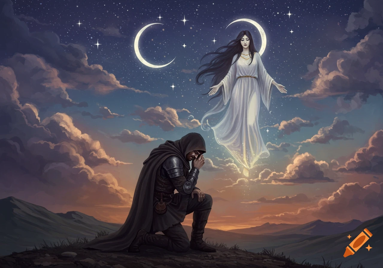 Medieval figure kneels under moons as floating goddess descends on Craiyon