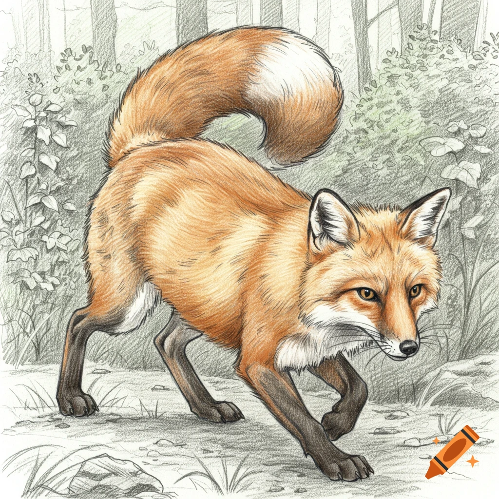 Colored pencil drawing of a red fox in a forest. on Craiyon