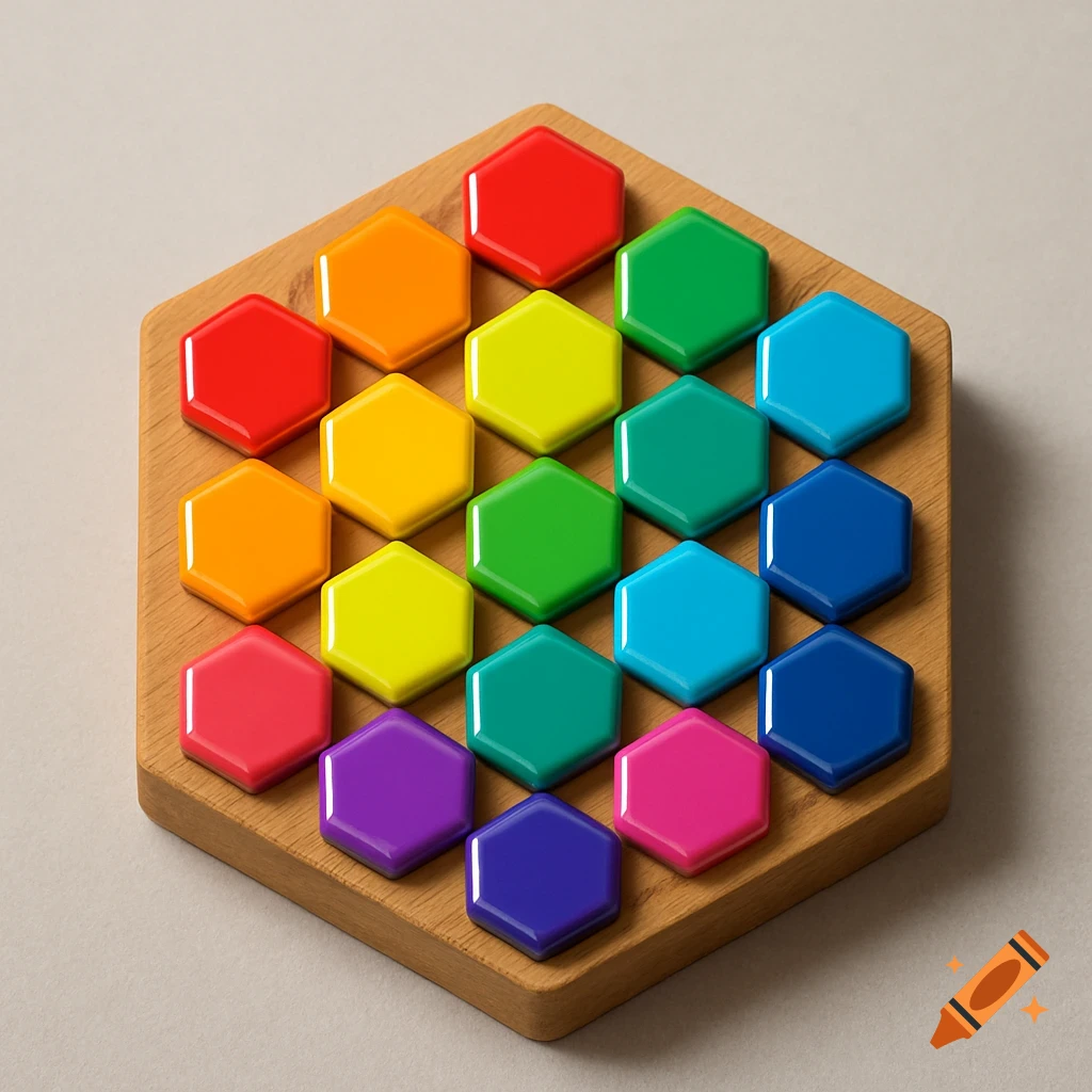 Colorful hexagonal pieces arranged on a wooden board. on Craiyon