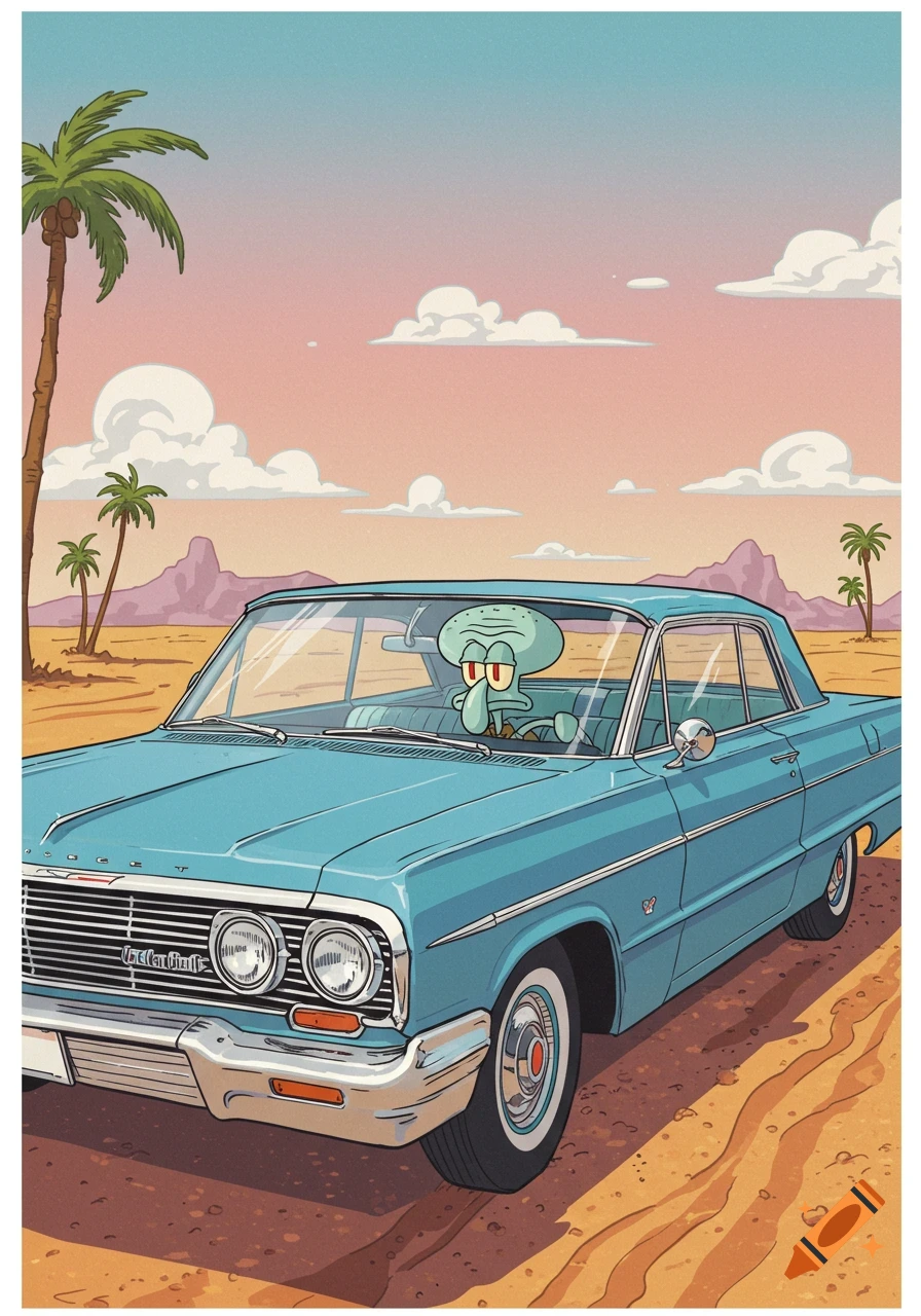 Cartoon of Squidward driving a blue 1964 Impala through a desert ...