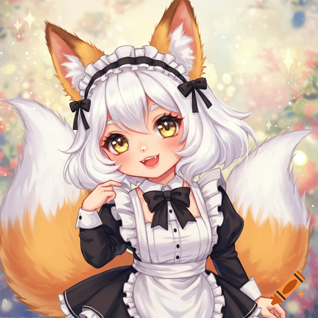 Cute anime girl with fox ears and tails in a maid outfit on Craiyon