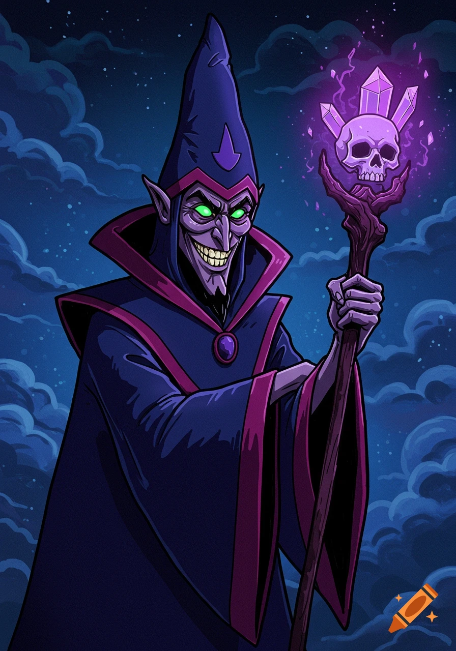 Cartoon evil sorcerer in robe and pointed hat holds staff with glowing ...