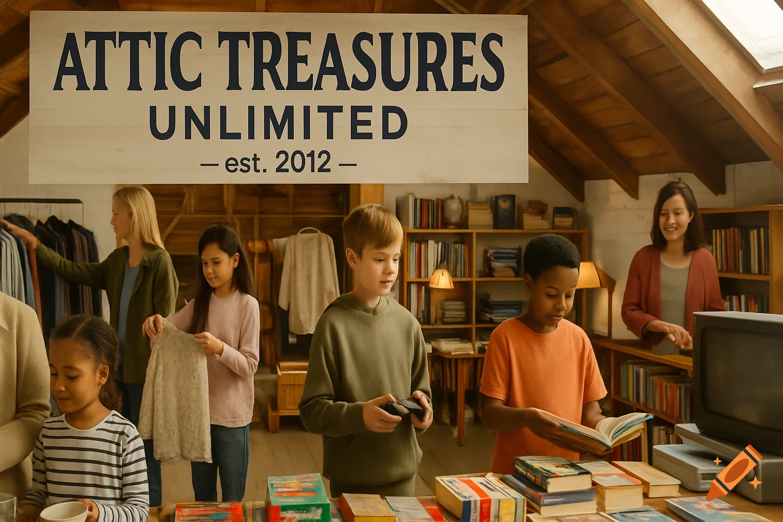 A group of people, including children, are shopping for items like ...