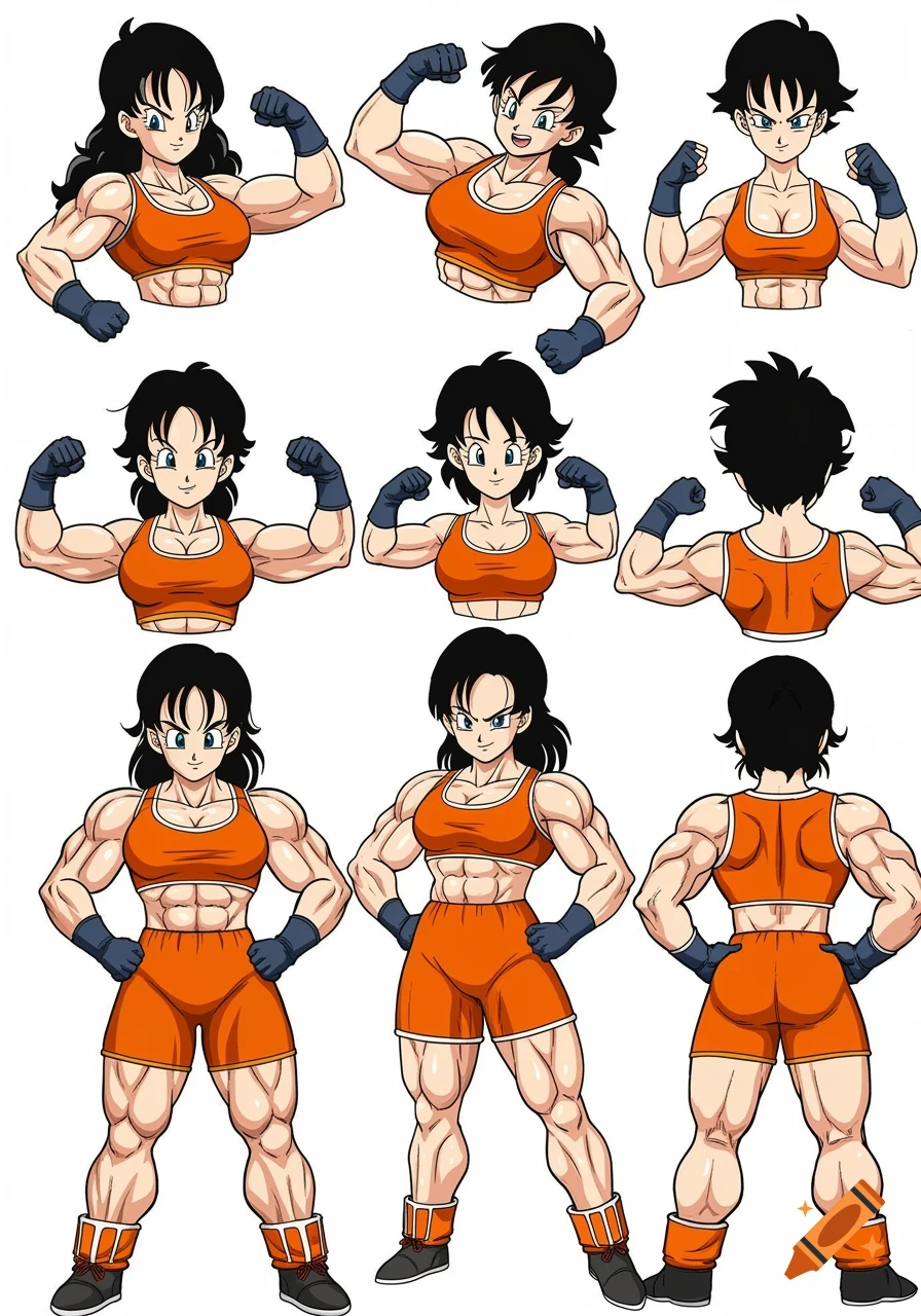 Videl from Dragon Ball Z flexing muscles in various poses, anime style ...