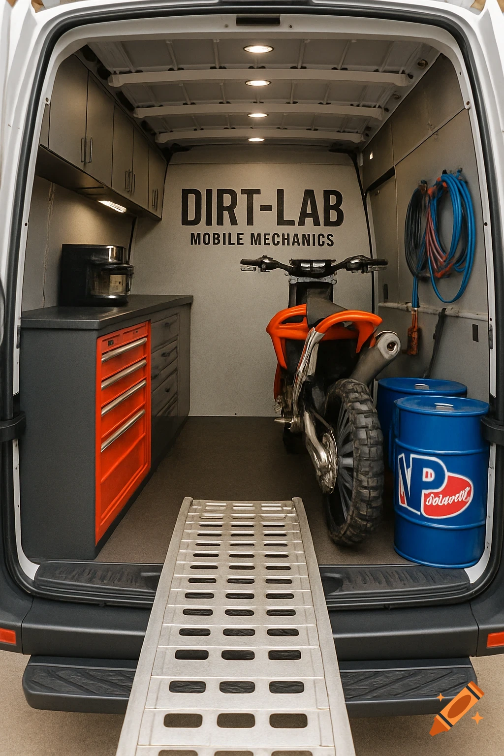 Inside a mobile mechanics workshop van with a dirtbike, toolbox ...