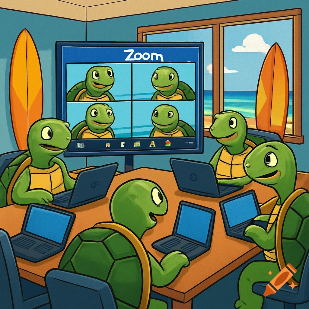Cartoon turtles participate in a Zoom video call from a beach-themed ...